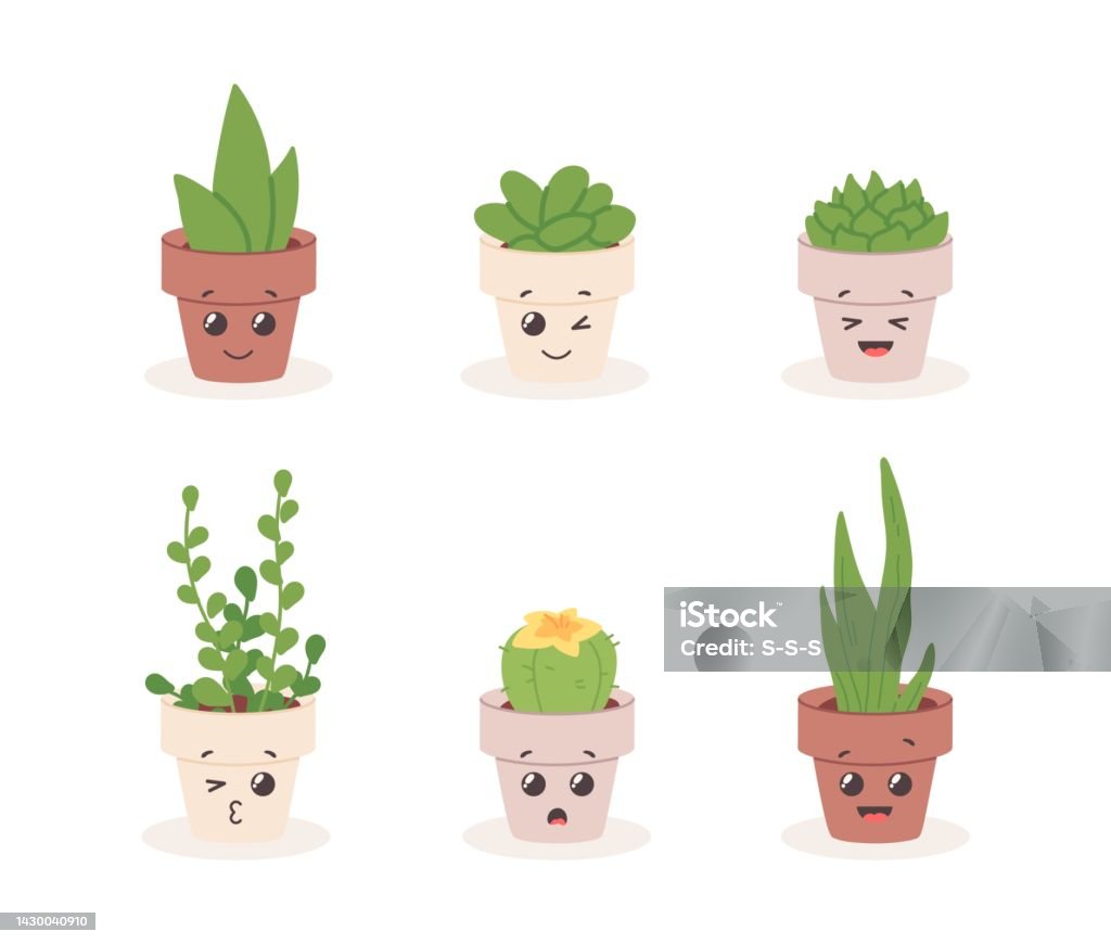 Cute Funny Succulents Kawaii Home Cacti Characters In Flowerpots Set