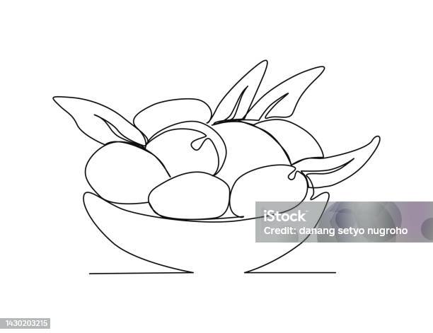 Dessin Continu Dune Ligne Dolives Fraîches Sur Le Bol Olives Dessin Au