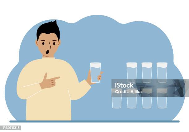 Lhomme Tient Un Verre Deau Infographie Sur Le Bilan Hydrique 8 Verres