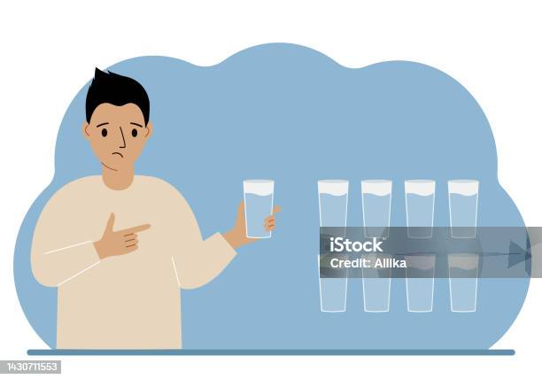 Lhomme Tient Un Verre Deau Infographie Sur Le Bilan Hydrique 8 Verres
