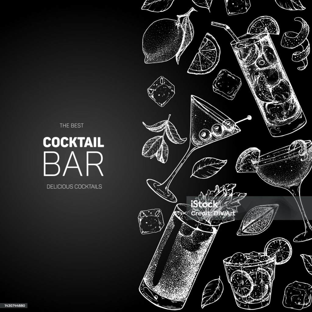 Cocktails Hand Drawn Vector Illustration Alcoholic Cocktails Sketch Set