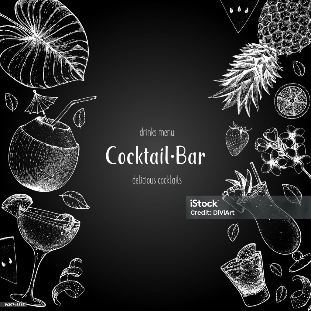 Cocktails Hand Drawn Vector Illustration Alcoholic Cocktails Sketch Set