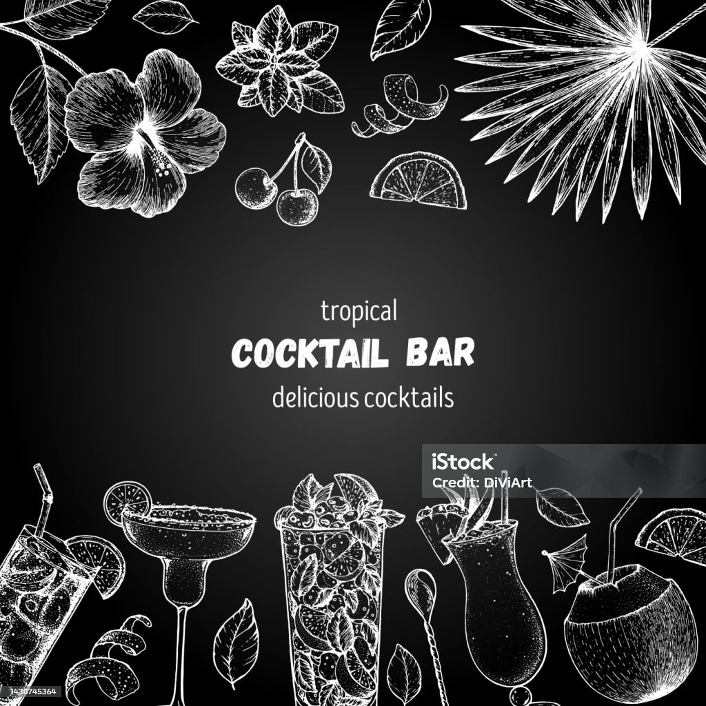 Cocktails Hand Drawn Vector Illustration Alcoholic Cocktails Sketch Set