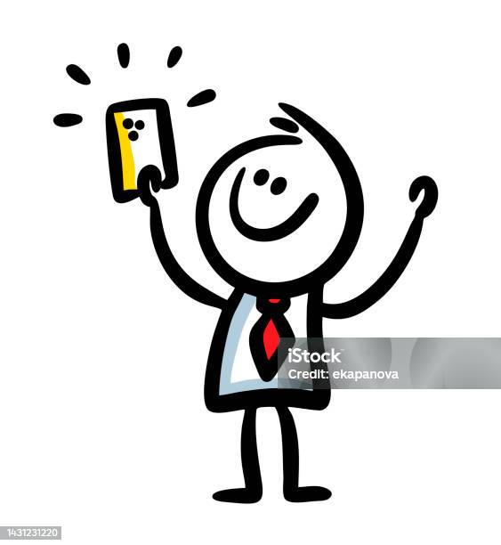 Happy Face Man Holding Mobile Phone In His Hand Stock Illustration