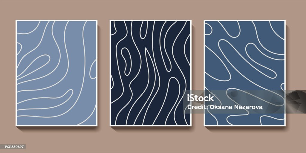Set Poster Pola Garis Bergelombang Yang Digambar Tangan Abstrak