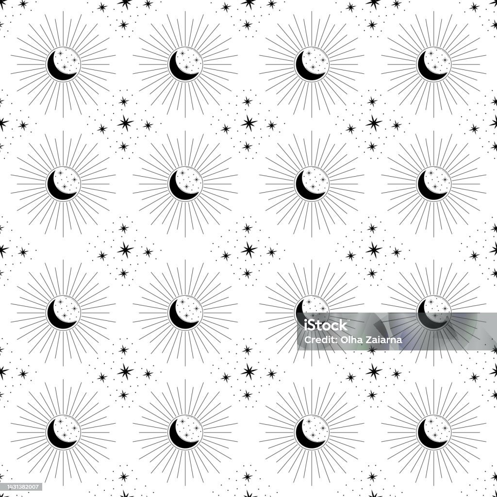 Vector Celestial Seamless Pattern Isolated Linear Blask And White