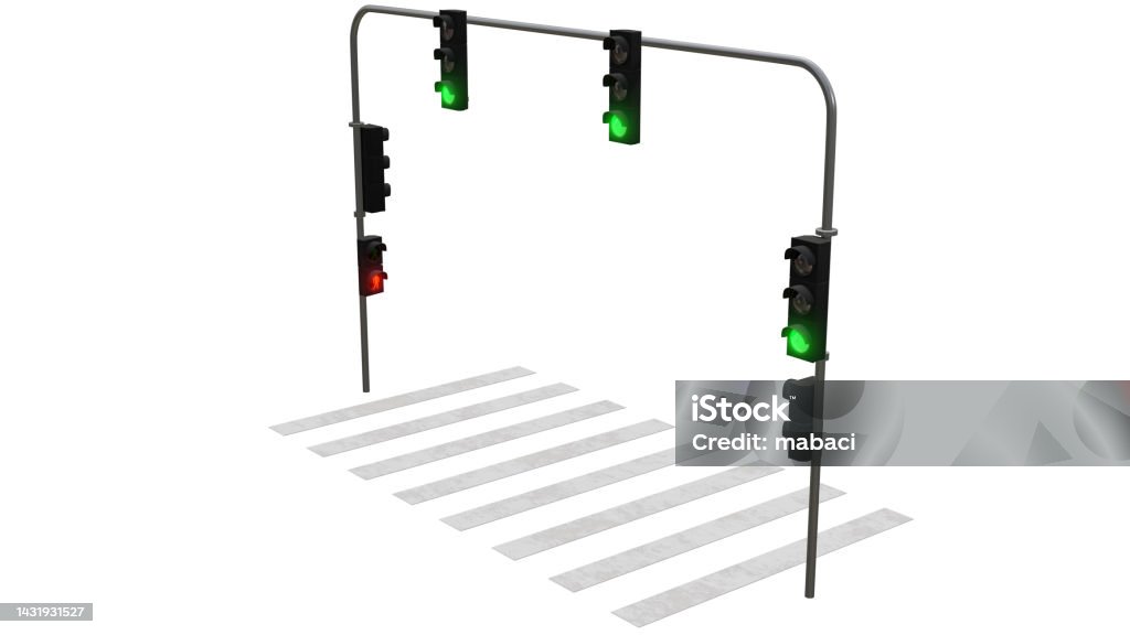 Lampu Lalu Lintas Hijau Dan Penyeberangan Tampilan Perspektif Pada Latar Belakang Putih Dengan
