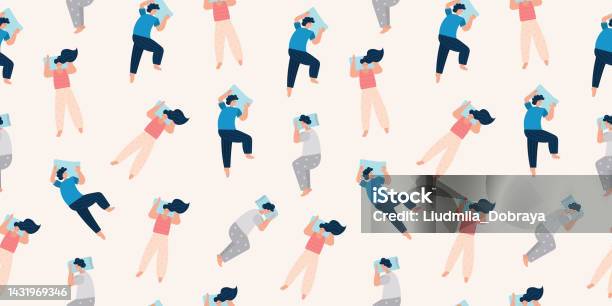 Seamless Pattern Of Young Men And Woman Sleeps On The Pillow In