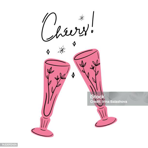 Cheers Menulis Dengan Gelas Sampanye Yang Digambar Tangan Desain Kartu