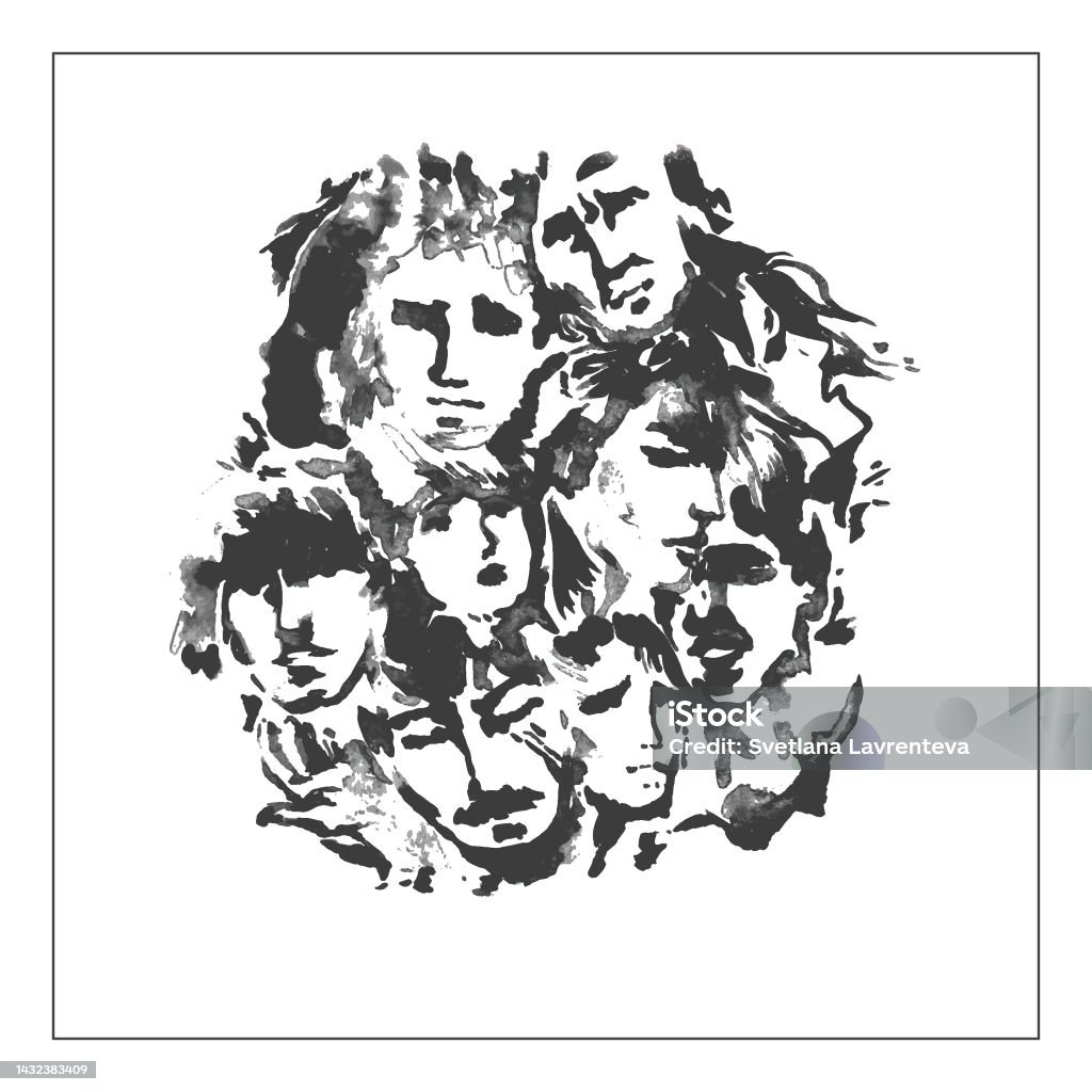 Wajah Orangorang Dengan Emosi Kesedihan Dan Penderitaan Tinta Ilustrasi