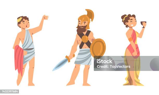 Kumpulan Orang Bangsawan Yunani Kuno Dalam Ilustrasi Vektor Kartun