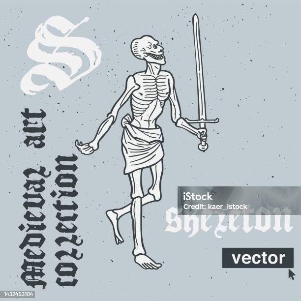 Skeleton Vector Engraving Style Illustration Medieval Art With