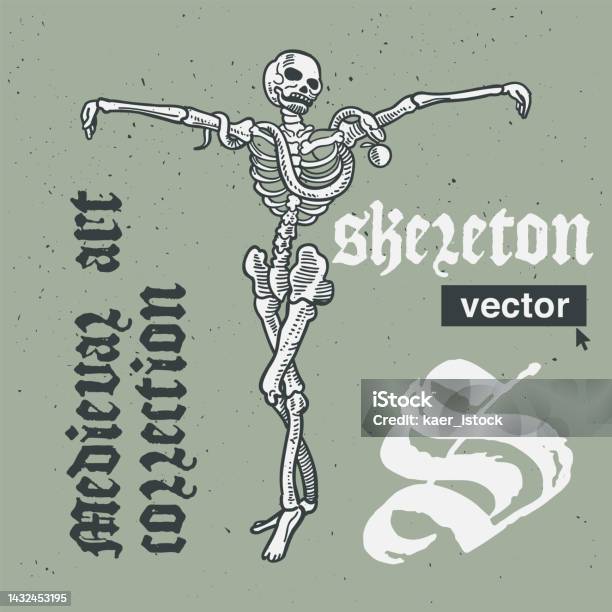 Skeleton Vector Engraving Style Illustration Medieval Art With