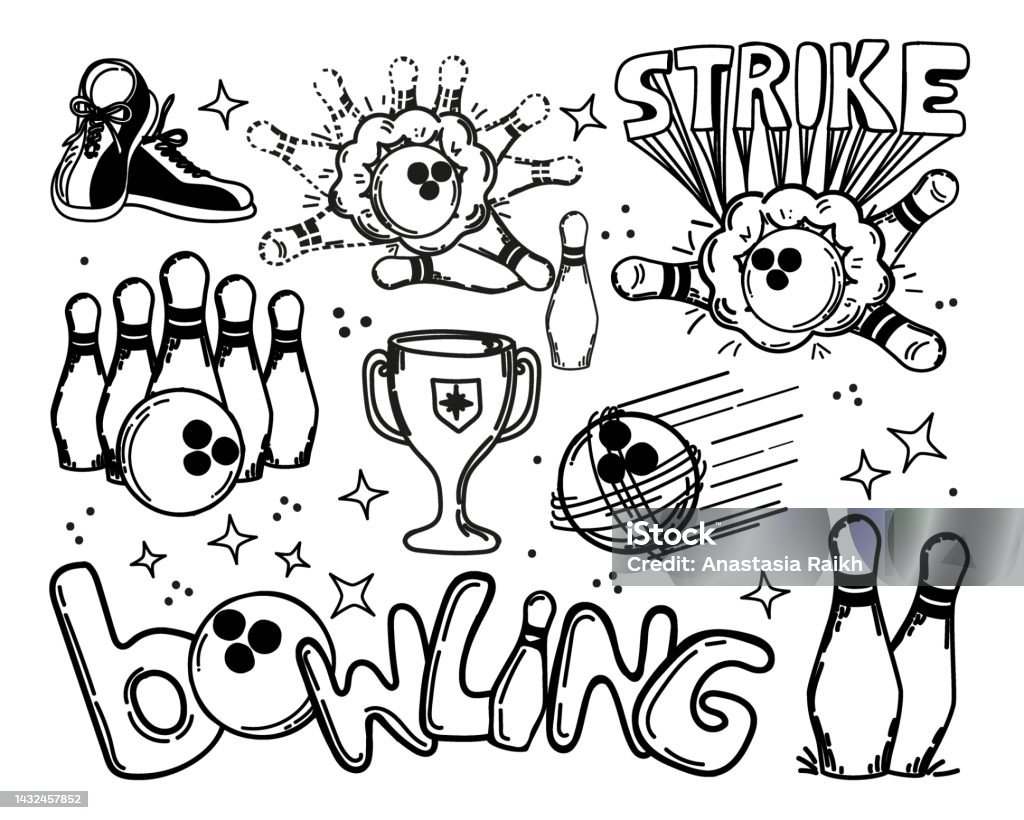 A Set Of Handdrawn Elements With A Bowling Theme Bowling Ball Pins Shoes Cup Victory Handwritten