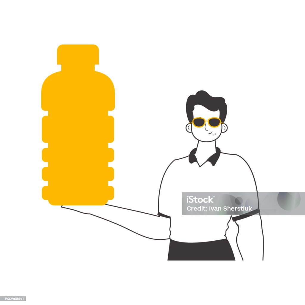Lhomme Tient Une Bouteille À La Main Style Lineart Isolé Sur Fond Blanc