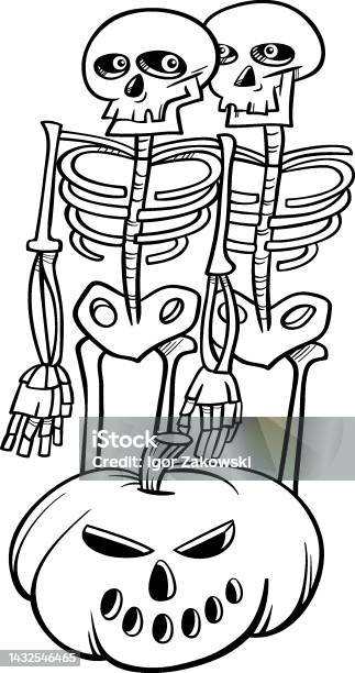 Kerangka Kartun Dengan Halaman Pewarnaan Labu Halloween Ilustrasi Stok ... Kerangka Kartun Dengan Halaman Pewarnaan Labu Halloween Ilustrasi Stok ...