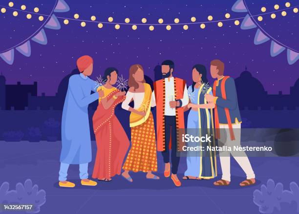 Temanteman Yang Bahagia Di Di Pesta Diwali Ilustrasi Vektor Warna Datar ... Temanteman Yang Bahagia Di Di Pesta Diwali Ilustrasi Vektor Warna Datar ...