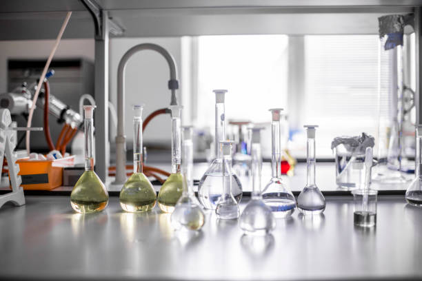 Free picture: Row of beakers with chemical liquids, a chemical ...