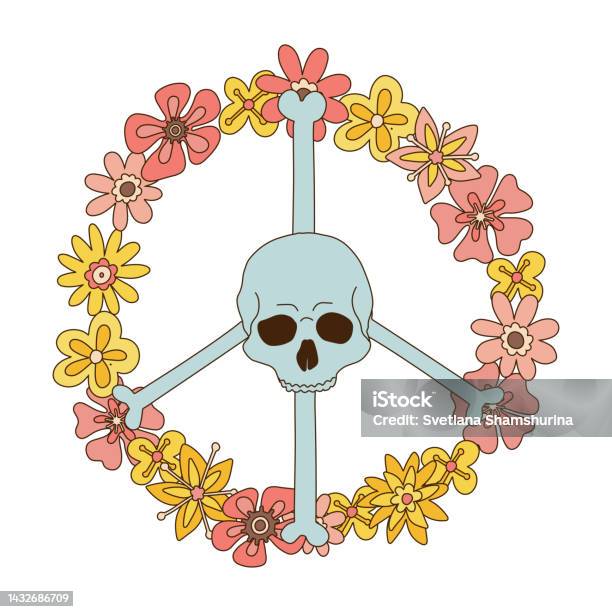 Halloween Skeleton Peace Sign Made Of Hippie Groovy Bony Scull And Daisy Floral Wreath Flower
