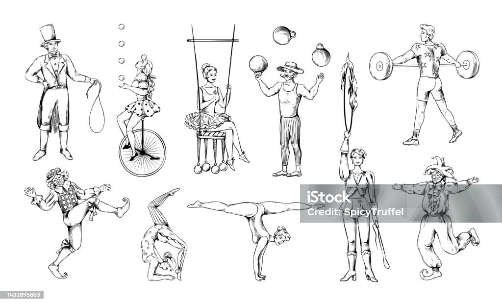 Ilustración De Payaso De Circo Vintage Hombre Balanceando En Monociclo Contorsionista Haciendo