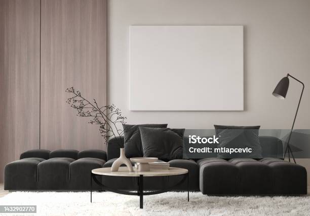 Bingkai Poster Mock Up Dengan Latar Belakang Interior Modern Ruang Tamu