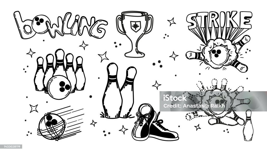 A Set Of Handdrawn Elements With A Bowling Theme Bowling Ball Pins Shoes Cup Victory Handwritten