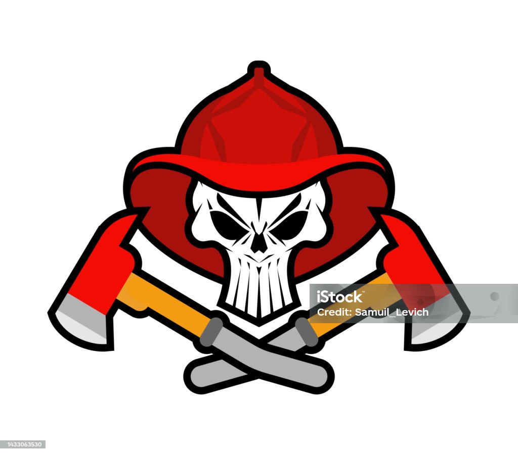 Crâne De Pompier Dans Le Signe Du Casque Hache De Feu Et Flamme Symbole