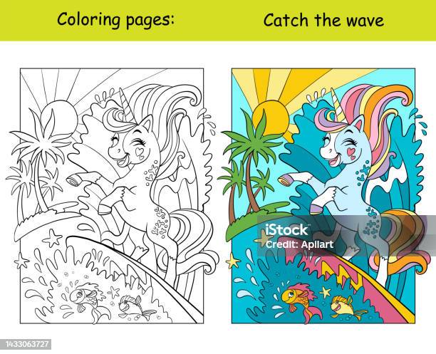 Cute Unicorn Catches A Wave On A Surfboard Coloring And Color向量圖形及更多塗色