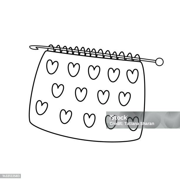Kain Rajutan Doodle Dengan Hati Dan Kait Rajutan Vektor Ilustrasi Datar