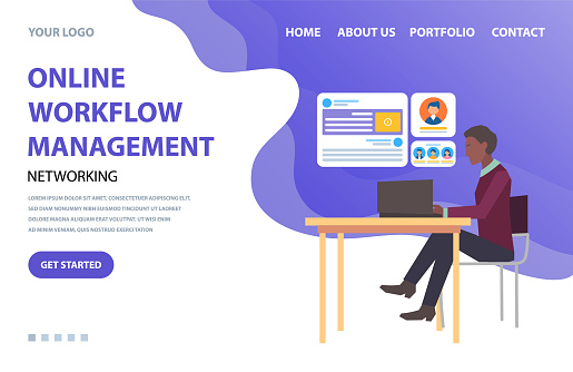 Networking Online Workflow Management Concept Man Works At Computer ... Networking Online Workflow Management Concept Man Works At Computer ...