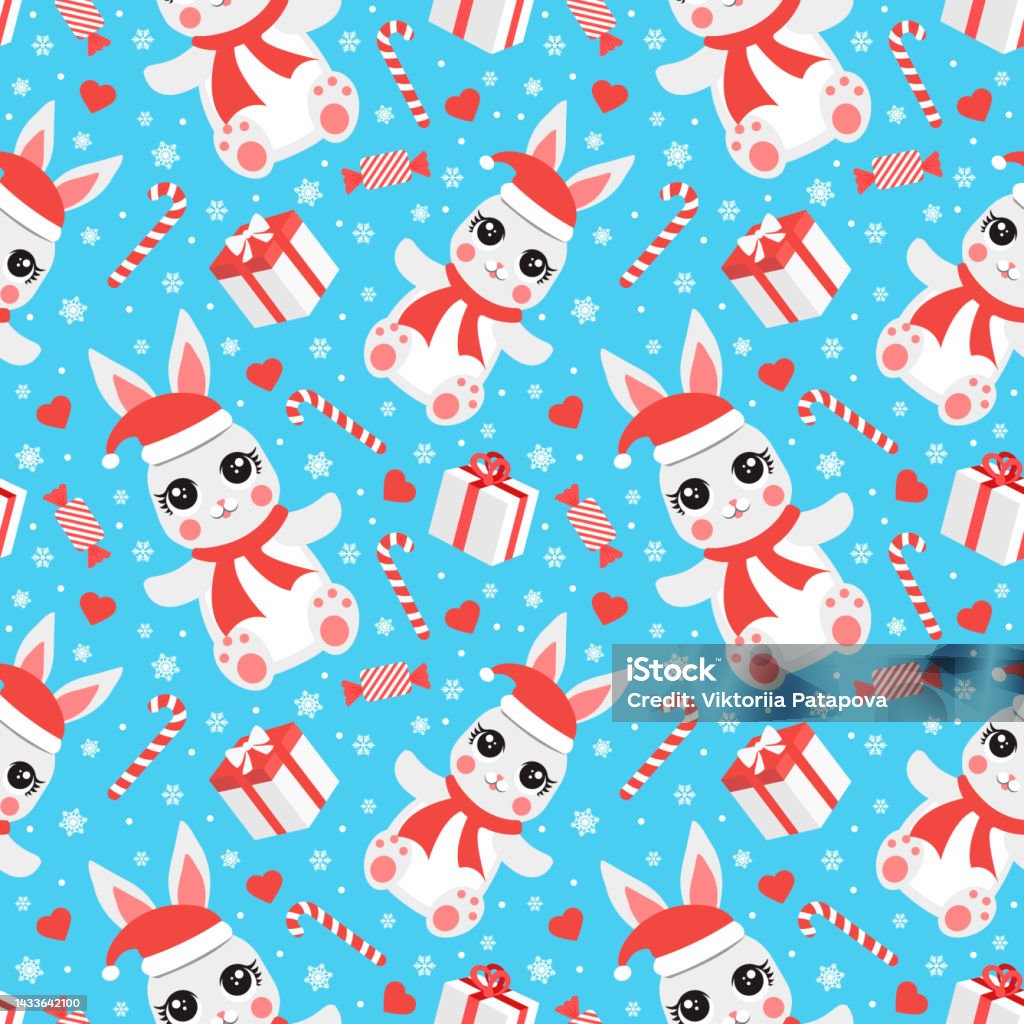 Seamless Pattern With Christmas Candy Cane Caramel Banny And Snowflakes
