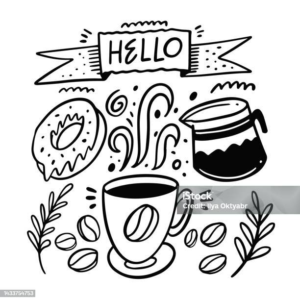 Kopi Sarapan Doodle Objek Set Ilustrasi Vektor Kerangka Yang Digambar