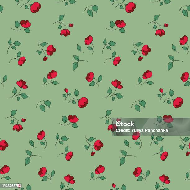 Pola Bunga Mulus Cetakan Bunga Vintage Yang Lucu Dengan Bunga Merah