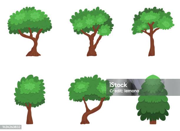 Ensemble Darbres De Dessins Animés Isolés Sur Fond Blanc Plantes Vertes