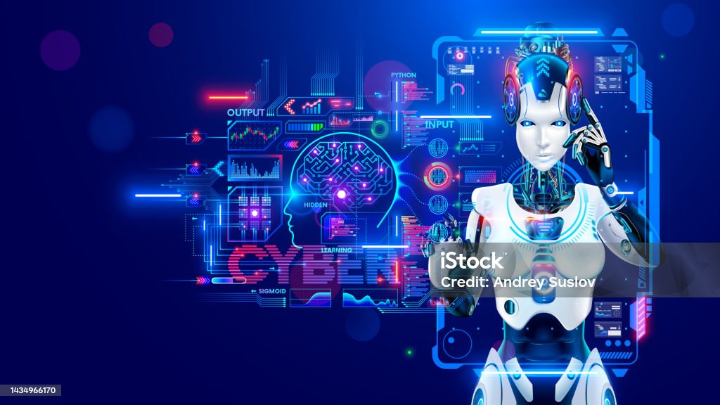 Ai Dalam Gambar Robot Wanita Atau Cyborg Wanita Bekerja Pada Antarmuka Holografik 3d Wanita