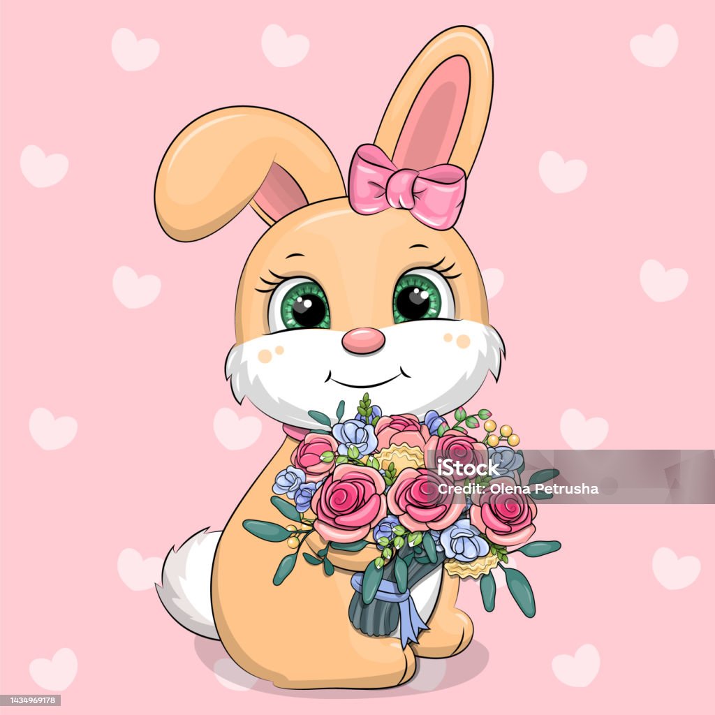 Cute Cartoon Bunny Girl With A Bouquet Of Flowers Stock Illustration Download Image Now