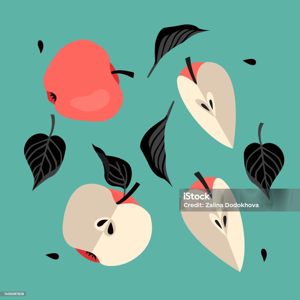 Apel Merah Dengan Apel Daun Hitam Dalam Ilustrasi Vektor Gaya Kartun