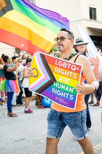Man Member Of Rainbow Democrats With A Sign Of Lgbtq Rights Are Human Rights And Lgbt Flag In