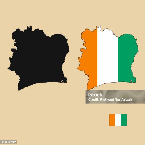 Vector Of Ivory Coast Country Outline Map With Flag Set Isolated On