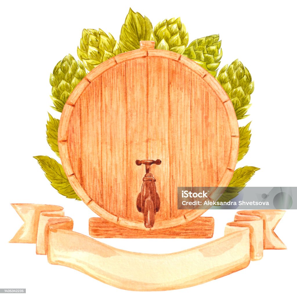 Hand Drawn Watercolor Wooden Beer Barrel Composition On White