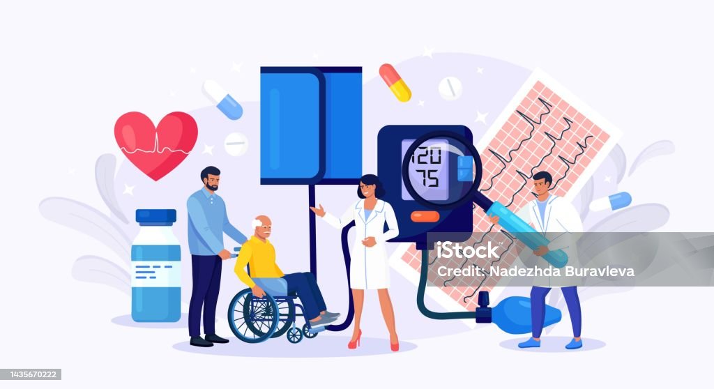 Ilustración De Cardiólogo Que Consulta A Un Anciano Discapacitado Con