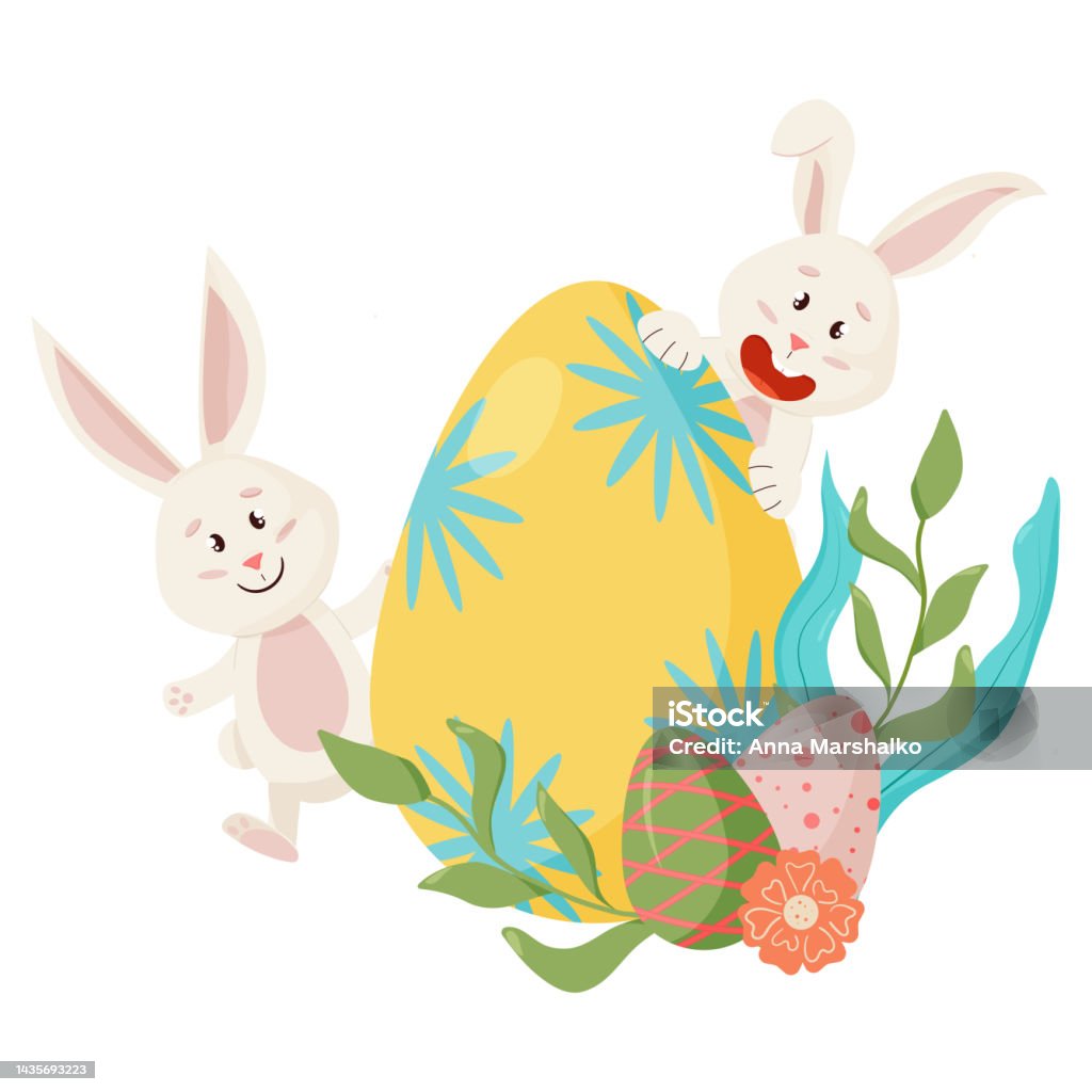 Bunnies Character Looks Out From Eggs Funny Happy Easter Rabbits Stock