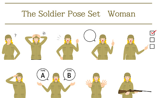 Ilustración De Conjunto De Posturas De Soldado Femenino Cuestionando