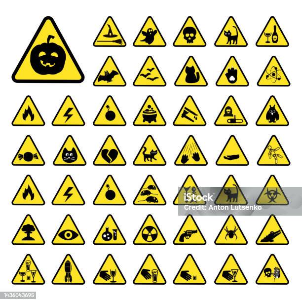 Ilustración De Iconos Y Señales De Advertencia De Miedo Juguetones Y