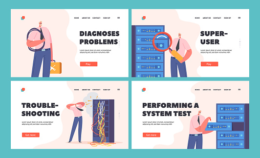 System Administrator Work Landing Page Template Set Sysadmin Character Work On Computer Doing