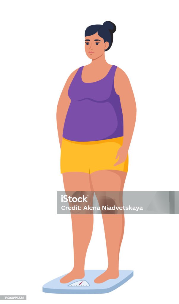 Fat Obese Woman Standing On Weigh Scales Oversize Fatty Girl Obesity