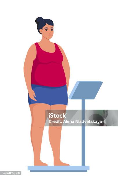 Fat Obese Woman Standing On Weigh Scales Oversize Fatty Girl Obesity