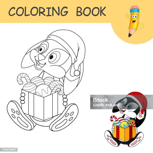 Livre De Coloriage Avec Dessin Animé Lapin Tenant Une Boîte De Jouets