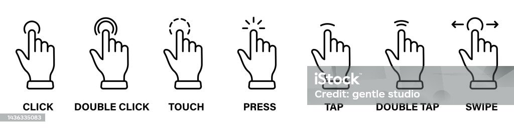 Computer Mouse Pointer Finger Line Icon Set Cursor Hand Linear Pictogram Click Press Double Tap
