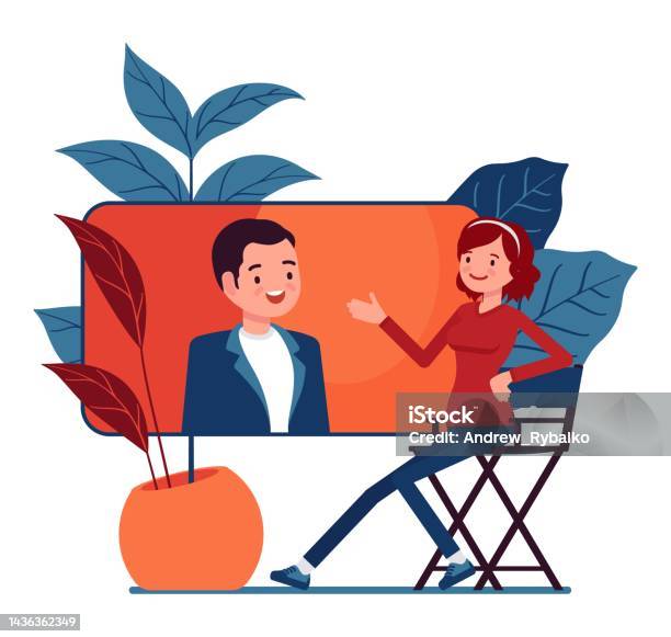 Woman Talking To Man In Giant Mobile Phone Screen Stock Illustration